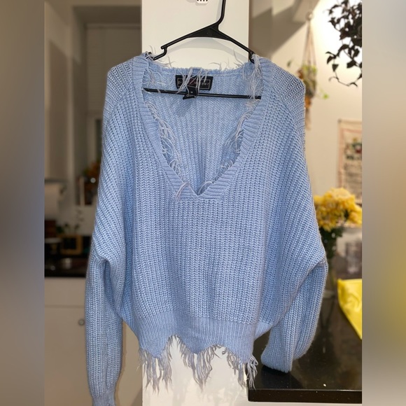 Sweaters | Baby Blue Frayed Edges Deep V Knit Sweater | Poshmark